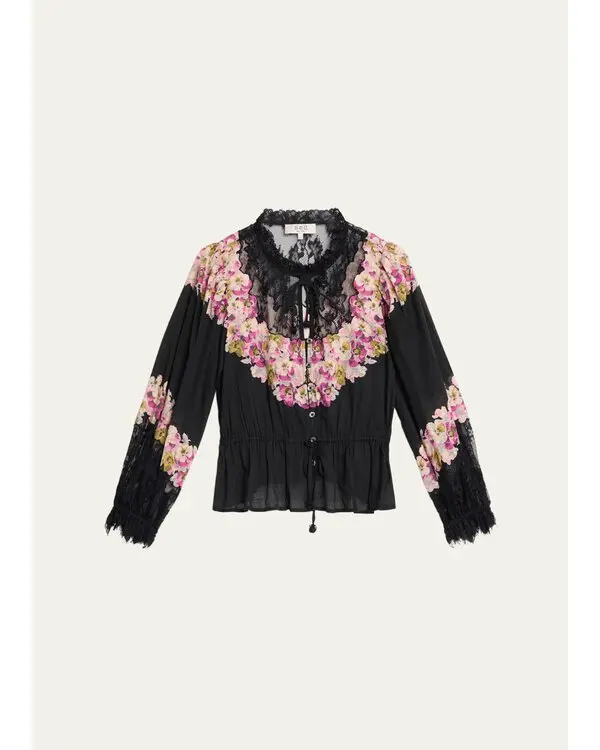 Sea Persephone Print Cotton & Lace Long-sleeve Blouse