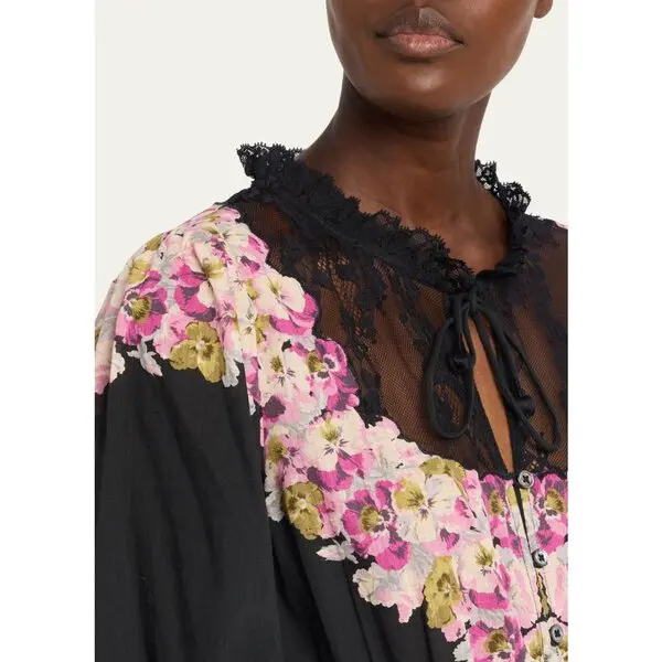 Sea Persephone Print Cotton & Lace Long-sleeve Blouse
