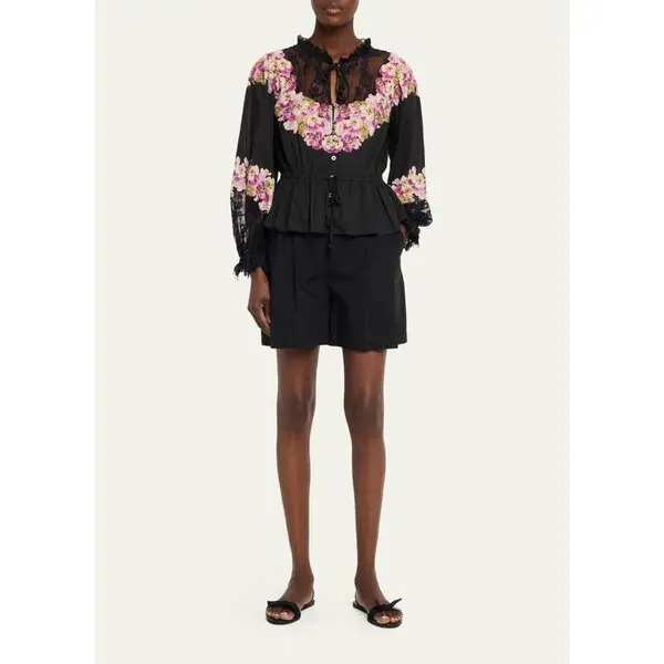 Sea Persephone Print Cotton & Lace Long-sleeve Blouse