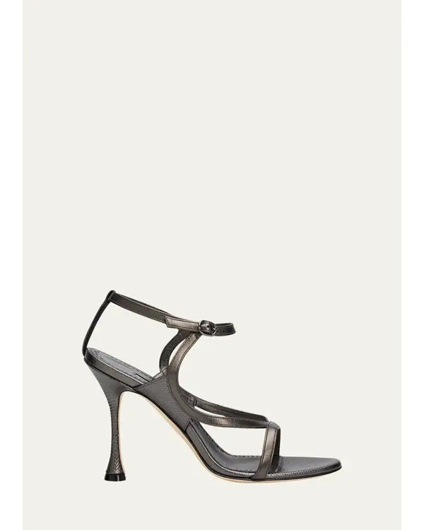 Manolo Blahnik 105mm Tibula Metallic Leather Ankle-strap Sandals