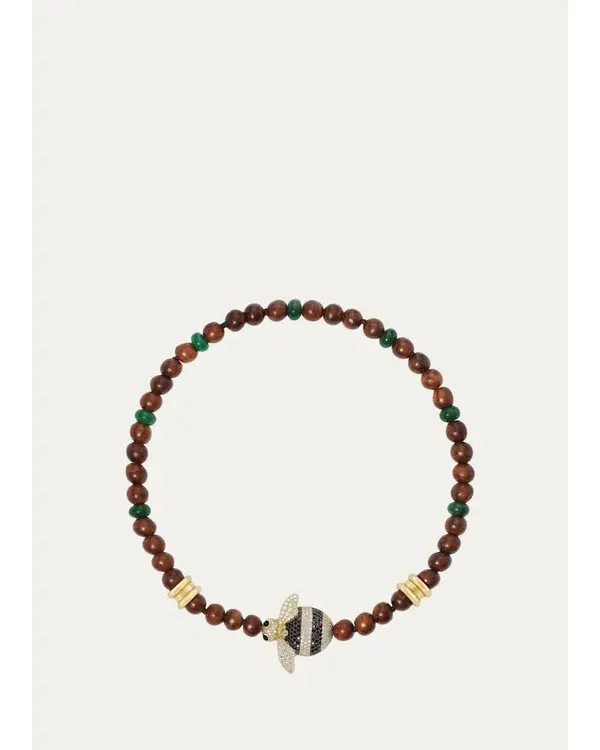 GRACE WINFREY 18k Yellow Gold Poconos Beaded Bee Necklace With Diamonds, Wood, And Green Jade, 15"l - Brown