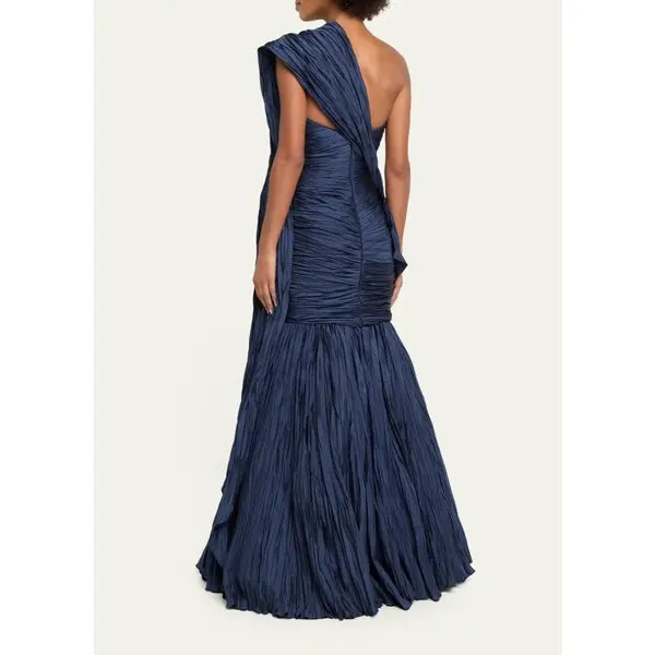 MARMAR HALIM One-shoulder Drape Pleated Satin Trumpet Gown
