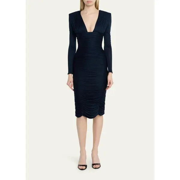Versace Gathered Long-sleeve Midi Dress