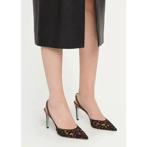 Rene Caovilla 80mm Leopard Embellished Mesh Slingback Pumps