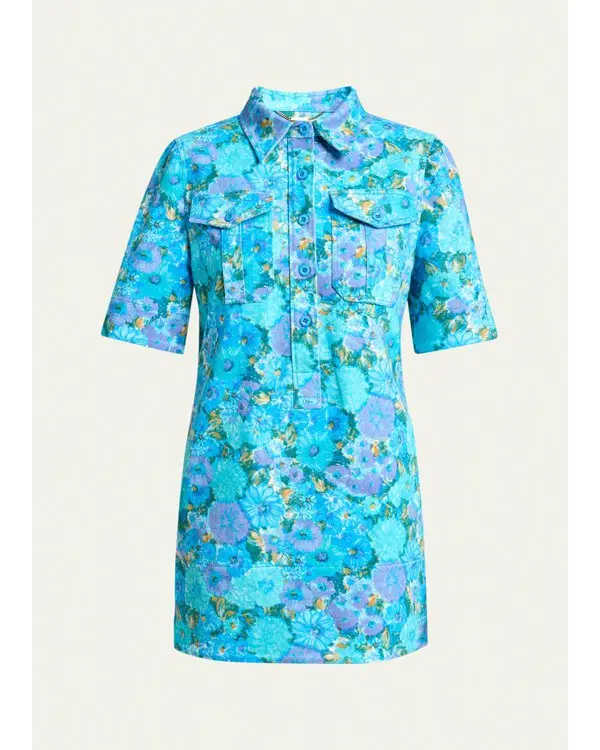 Chloé Floral Cotton Twill Short-sleeve Mini Shirtdress - Multicolor