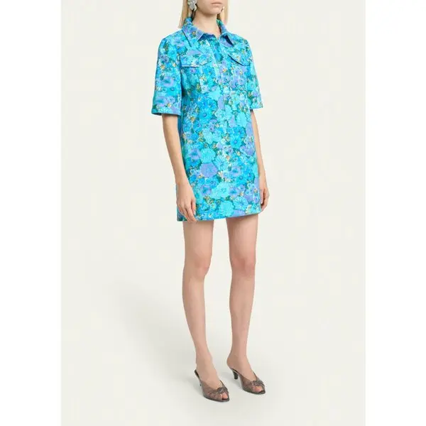 Chloé Floral Cotton Twill Short-sleeve Mini Shirtdress - Multicolor
