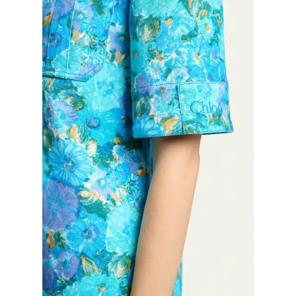 Chloé Floral Cotton Twill Short-sleeve Mini Shirtdress - Multicolor
