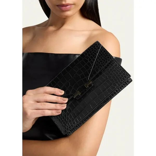TOM FORD Small Croc-embossed Leather T-clasp Clutch Bag - Black
