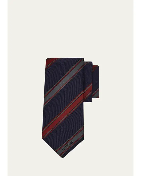FERRAGAMO Multi-stripe Logo Silk Tie - Blue Medium