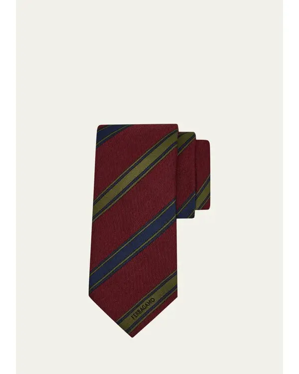 FERRAGAMO Multi-stripe Logo Silk Tie - Blue Medium