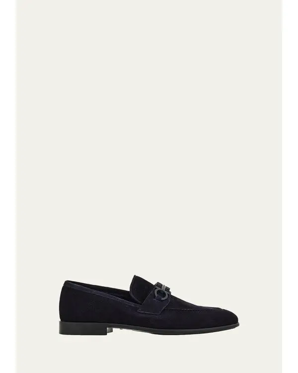 FERRAGAMO Foster Textured Suede Gancini Bit Loafers - Navy