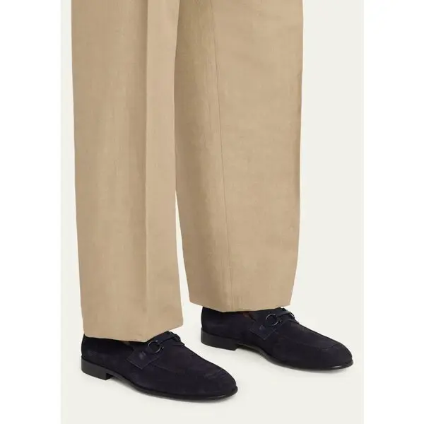 FERRAGAMO Foster Textured Suede Gancini Bit Loafers - Navy