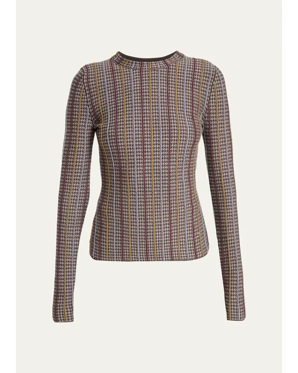 Gabriela Hearst Pons Cashmere-silk Striped Houndstooth Crewneck Sweater - Camel Multi