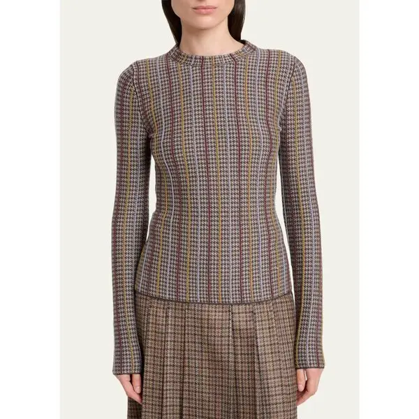 Gabriela Hearst Pons Cashmere-silk Striped Houndstooth Crewneck Sweater