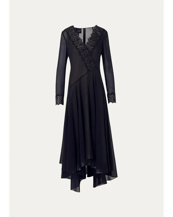 Akris Lace V-neck Silk Georgette Asymmetric Midi Dress