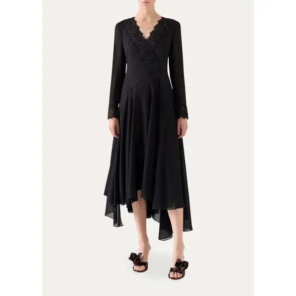 Akris Lace V-neck Silk Georgette Asymmetric Midi Dress