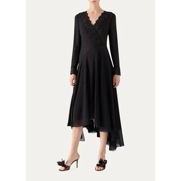 Akris Lace V-neck Silk Georgette Asymmetric Midi Dress