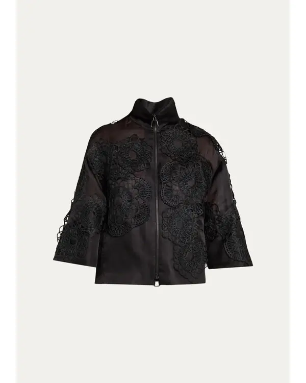 Akris Anemone Embroidered Silk Organza Zip Jacket