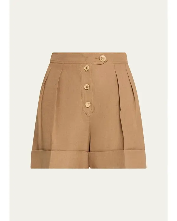 Valentino Garavani Pleated Linen Tailored Shorts - Beige