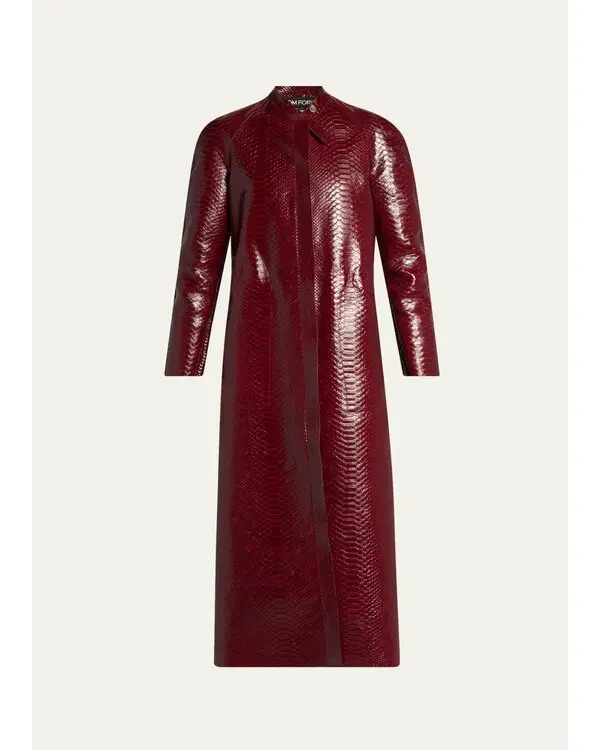 TOM FORD Snake-embossed Leather Long Coat - Ruby Red