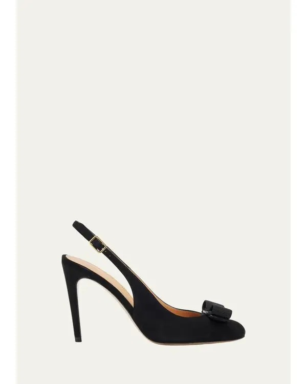 FERRAGAMO 95mm Vibily Bow Suede Slingback Pumps - Nero