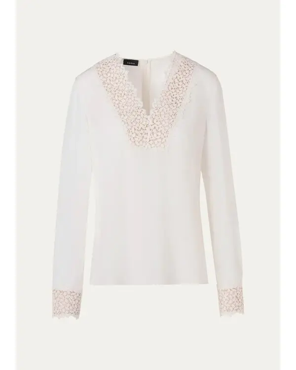 Akris Lace V-neck Long-sleeve Blouse