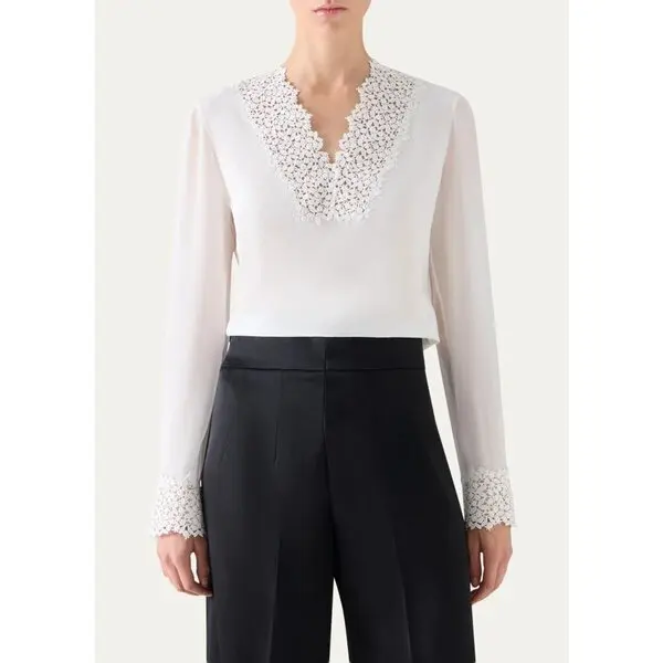 Akris Lace V-neck Long-sleeve Blouse