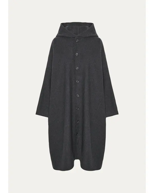 Eskandar Wool Cashmere Wide Hooded Buttoned Coat 3/4 Length
