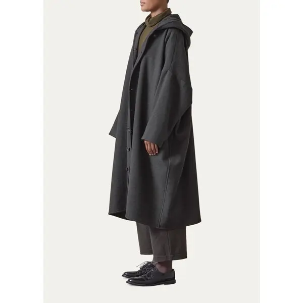 Eskandar Wool Cashmere Wide Hooded Buttoned Coat 3/4 Length