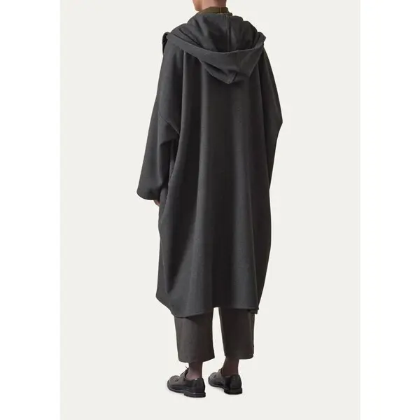 Eskandar Wool Cashmere Wide Hooded Buttoned Coat 3/4 Length