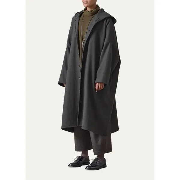 Eskandar Wool Cashmere Wide Hooded Buttoned Coat 3/4 Length