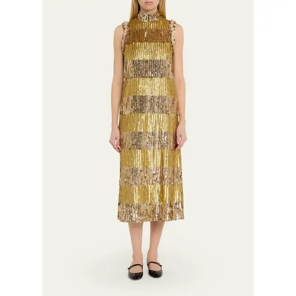 Valentino Garavani Sequin Embroidered Tulle Sleeveless Midi Dress