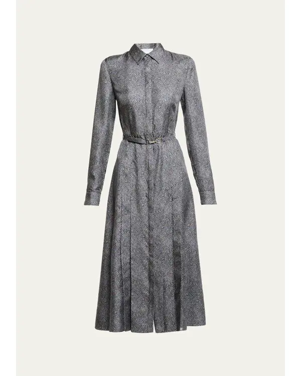 Gabriela Hearst Jane Herringbone Print Silk Belted Midi Shirtdress - Charcoal Multi