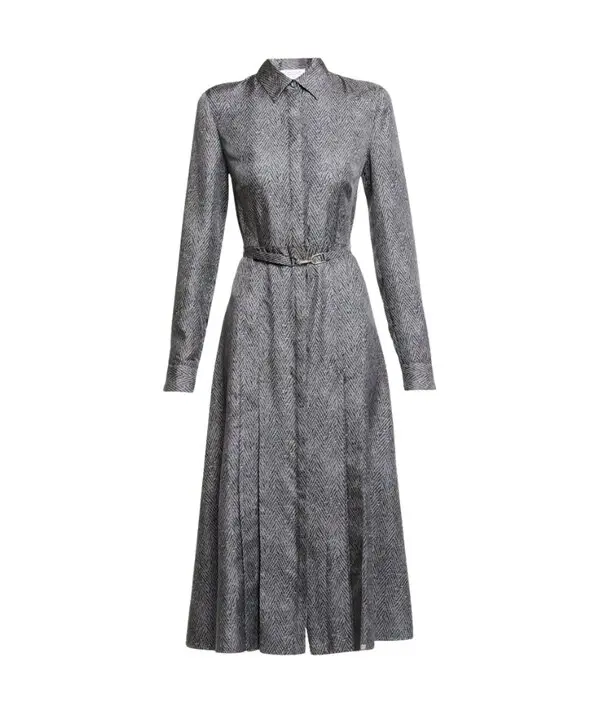 Gabriela Hearst Jane Herringbone Print Silk Belted Midi Shirtdress - Charcoal Multi