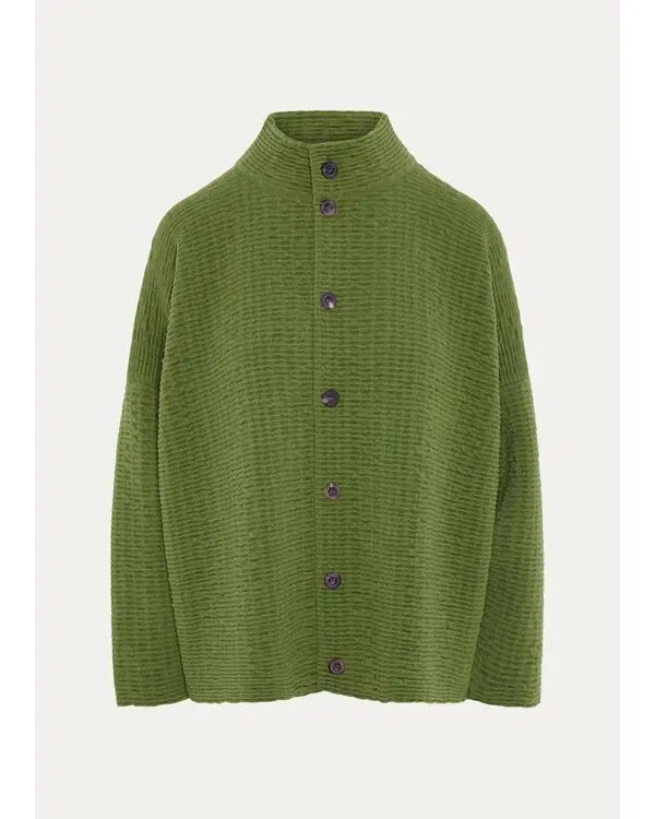 Eskandar 3/4 Width High Neck Cardigan- Mid Length - Limedark