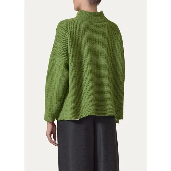 Eskandar 3/4 Width High Neck Cardigan- Mid Length - Limedark