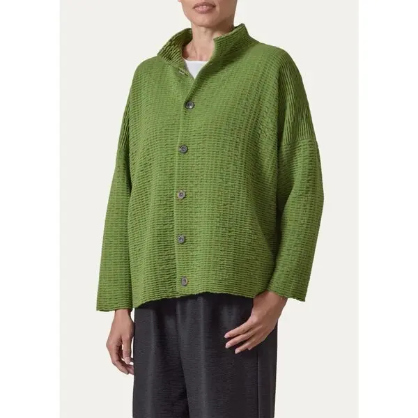 Eskandar 3/4 Width High Neck Cardigan- Mid Length - Limedark