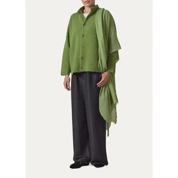 Eskandar 3/4 Width High Neck Cardigan- Mid Length - Limedark