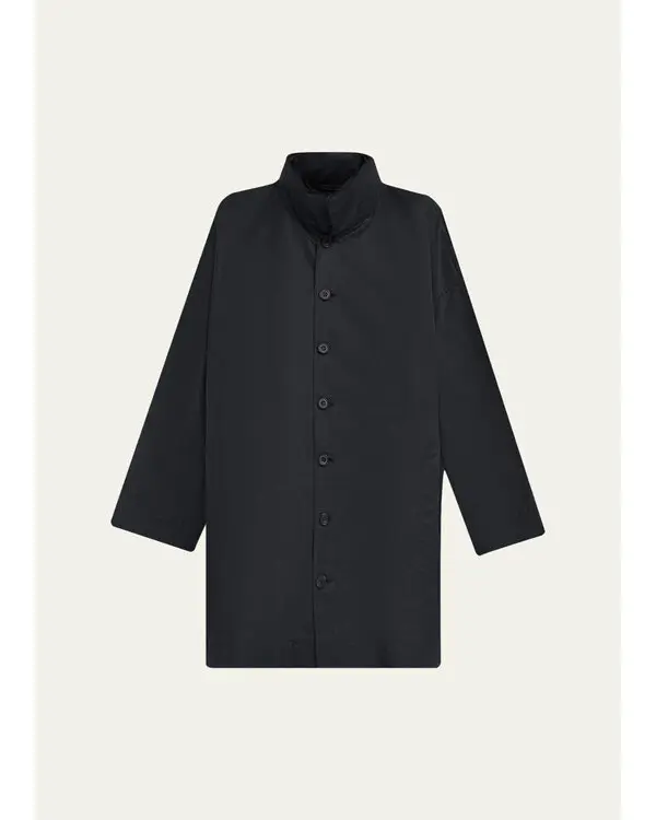 Eskandar Smaller Front Larger Back High Neck Raincoat With Button Away Hood Long Plus Length - Black