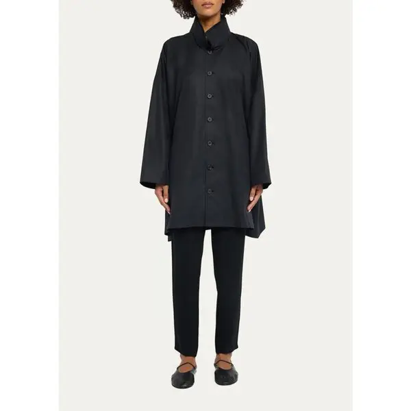 Eskandar Smaller Front Larger Back High Neck Raincoat With Button Away Hood Long Plus Length - Black