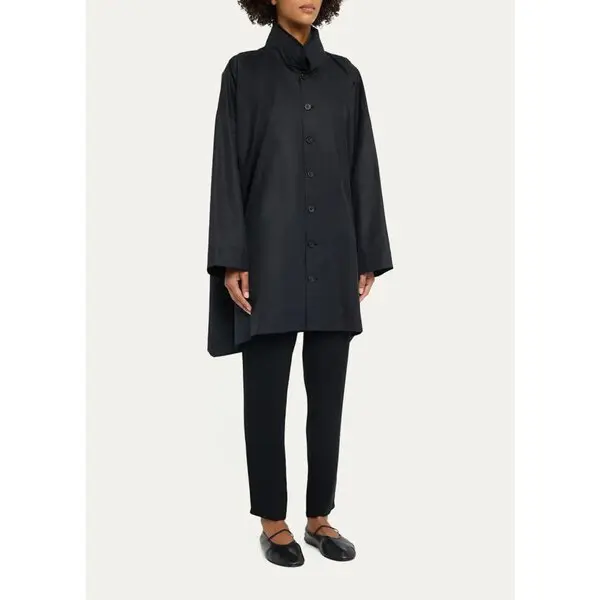 Eskandar Smaller Front Larger Back High Neck Raincoat With Button Away Hood Long Plus Length - Black