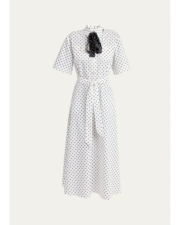 Valentino Garavani Polkadot-print Cotton Neck-scarf Midi Shirtdress - White/black