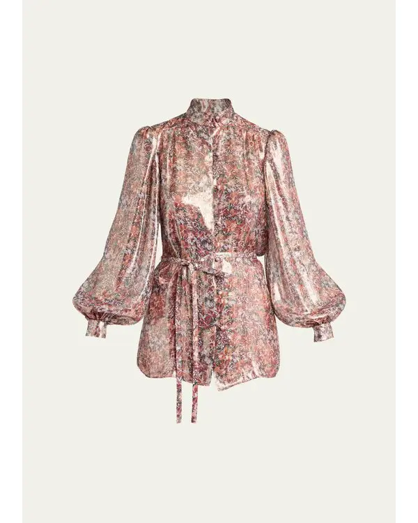Valentino Garavani Metallic Floral Balloon-sleeve Button-down Shirt - Multi
