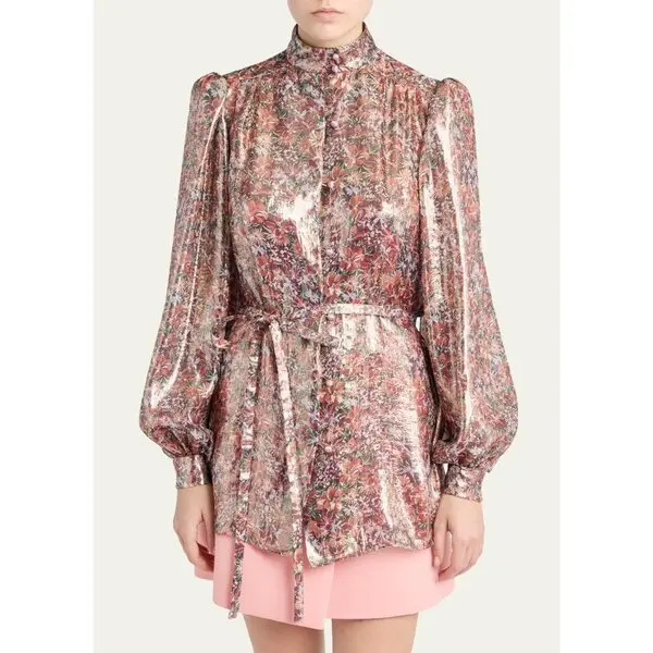 Valentino Garavani Metallic Floral Balloon-sleeve Button-down Shirt