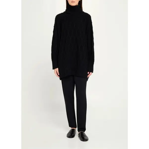 Eskandar Cashmere Cable Roll Neck Long Length - Black