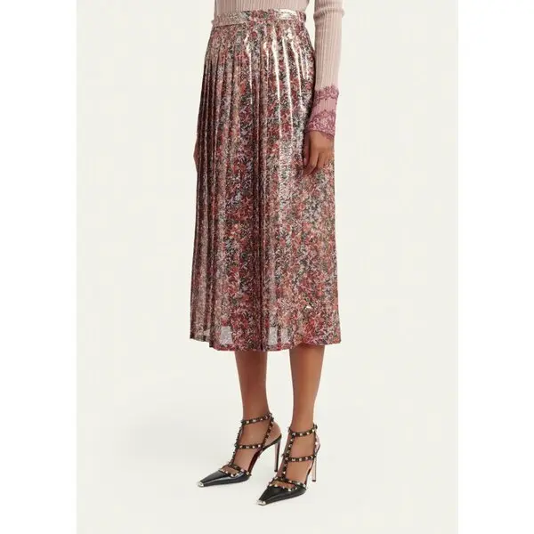 Valentino Garavani Metallic Silk Floral Pleated Midi-skirt