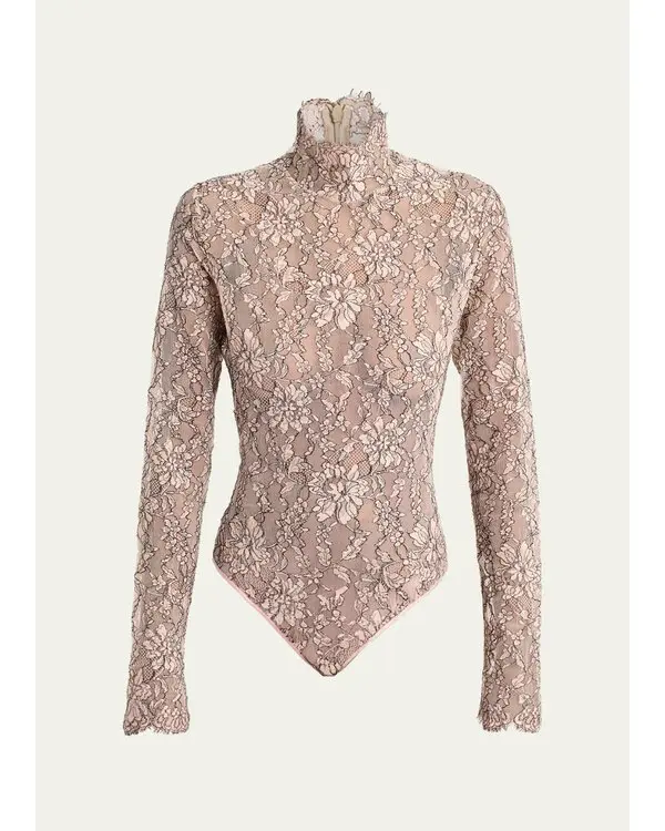 Valentino Garavani Mock-neck Lace Jersey Long-sleeve Bodysuit - Beige
