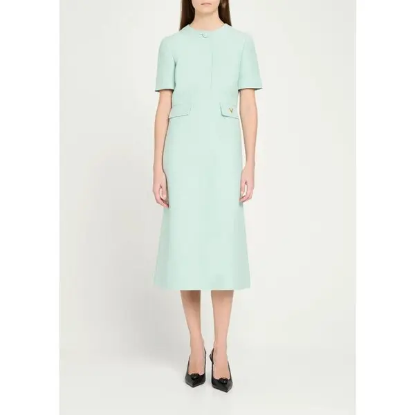 Valentino Garavani V-logo Pockets Short-sleeve Wool Silk Midi Dress