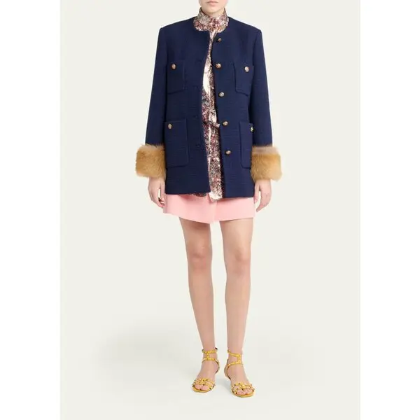 Valentino Garavani Lamb Shearling Cuffs Tweed Single-breasted Jacket