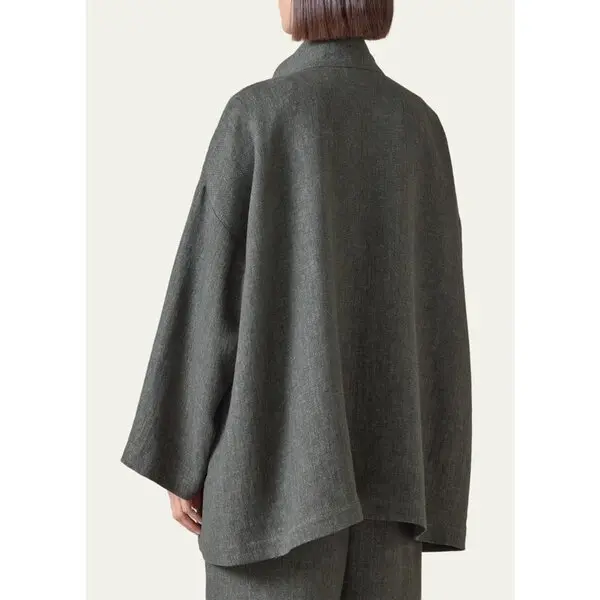 Eskandar Heavyweight Delave Linen Angle-to-front Double Stand Collar Jacket Long Length